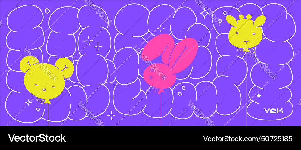 Y2k hand drawn bubble animals with graffiti linear