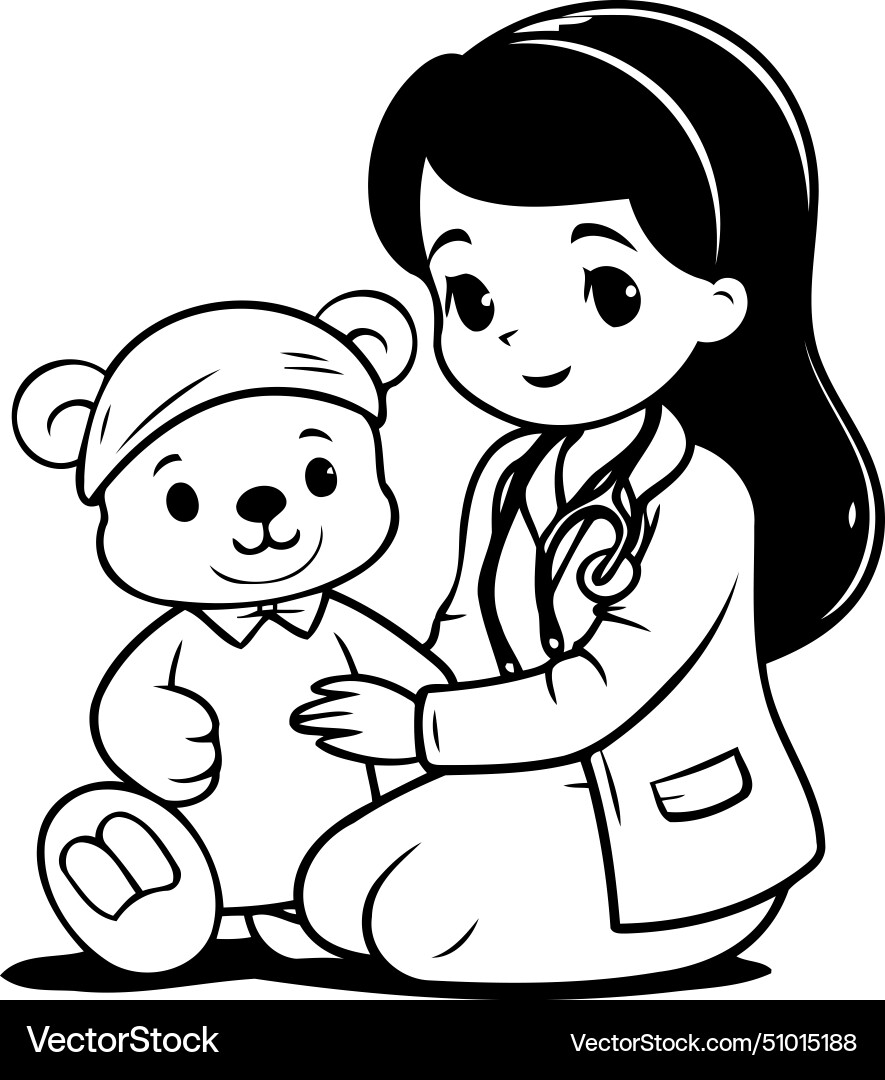 A cute little girl playing doctor with teddy bear Vector Image