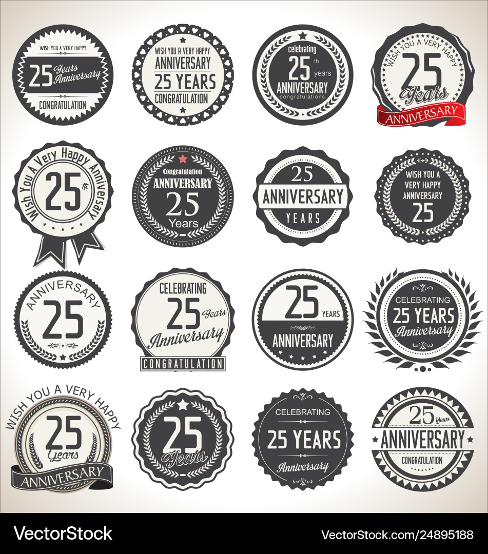 Retro Anniversary Celebration Badges - 25 Years Vector Image