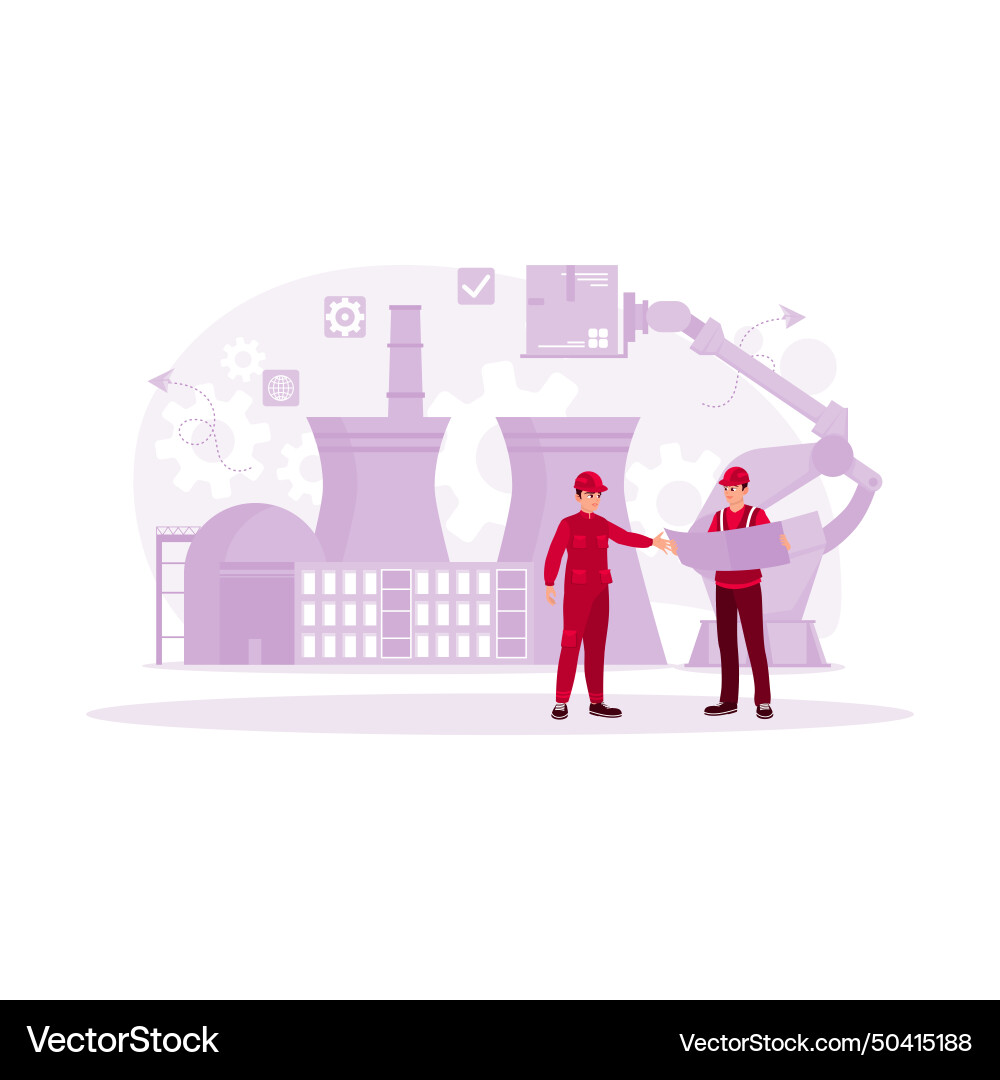 Two young engineers are standing in a heavy Vector Image