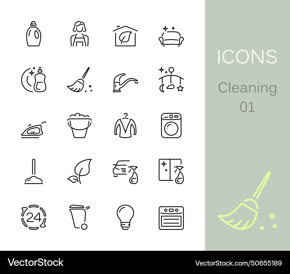20 black cleaning line icons 01 Royalty Free Vector Image