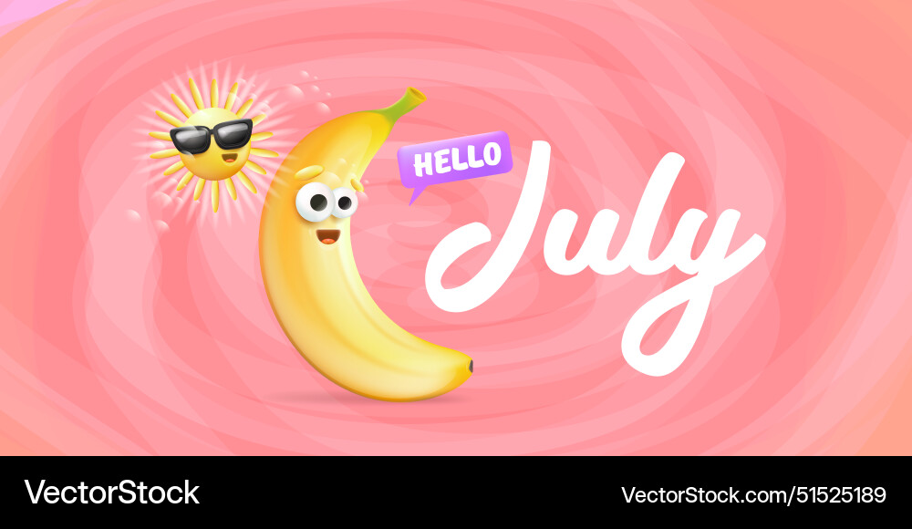 Hello july horizontal poster with sun character Vector Image