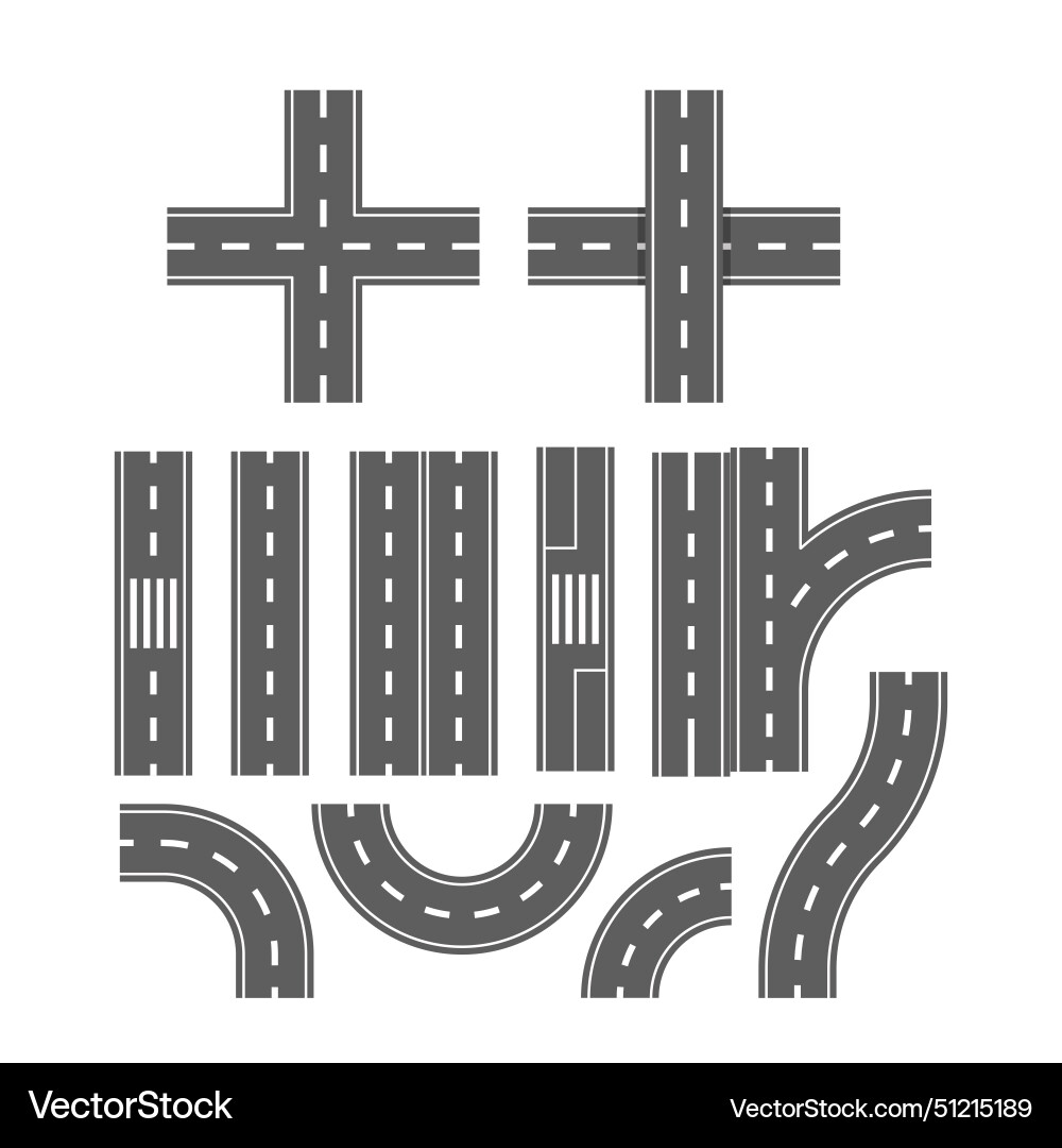 Set of road sections including straight curved Vector Image