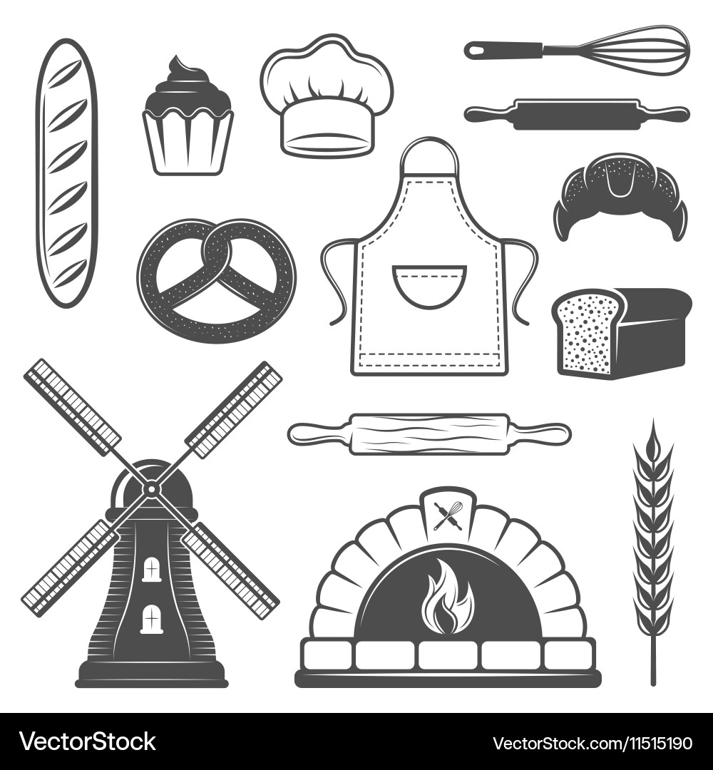 Bakery monochrome elements set Royalty Free Vector Image