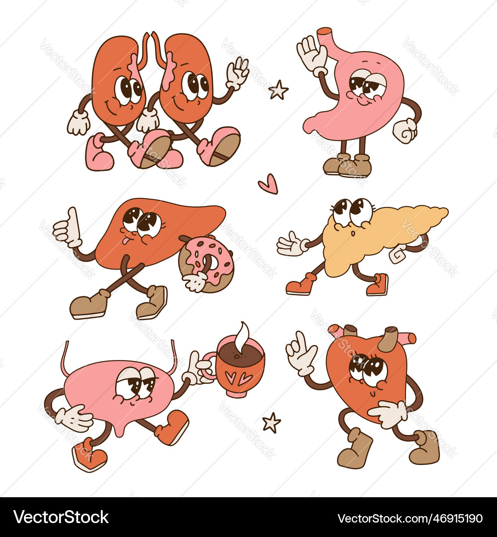 Retro cartoon style internal organs characters set