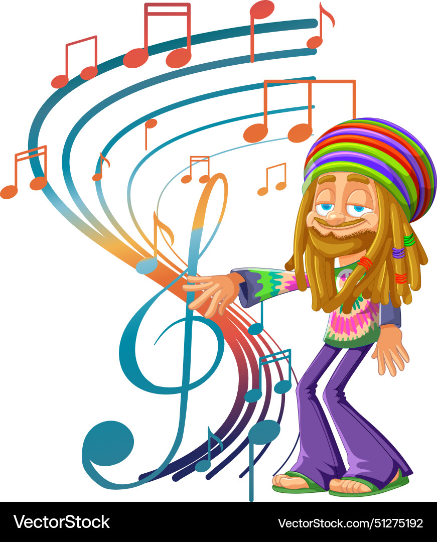 Cartoon hippie playing music with vibrant notes Vector Image