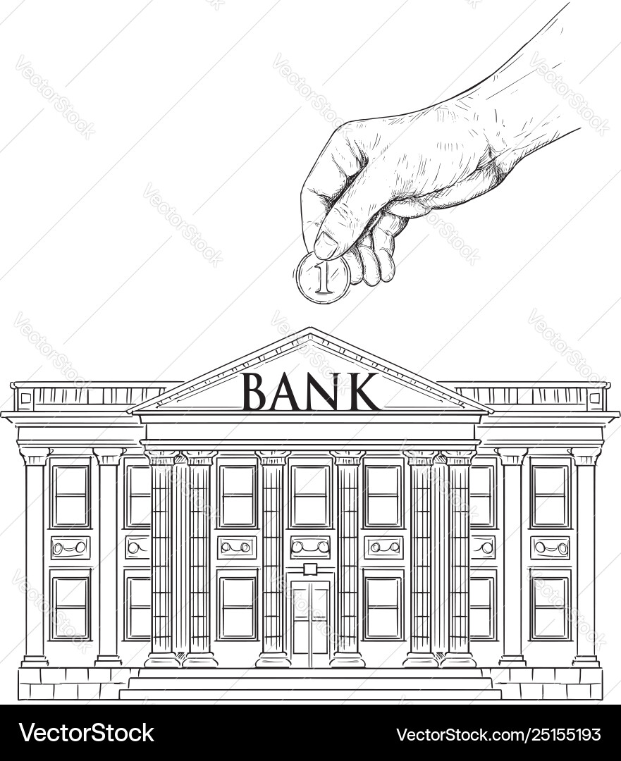 Drawing hand putting coin in classic bank Vector Image