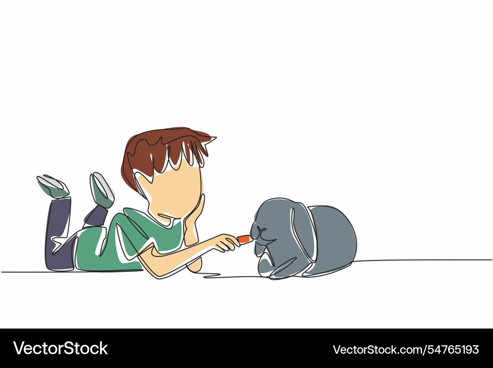 Single one line drawing boy prone to feeding Vector Image