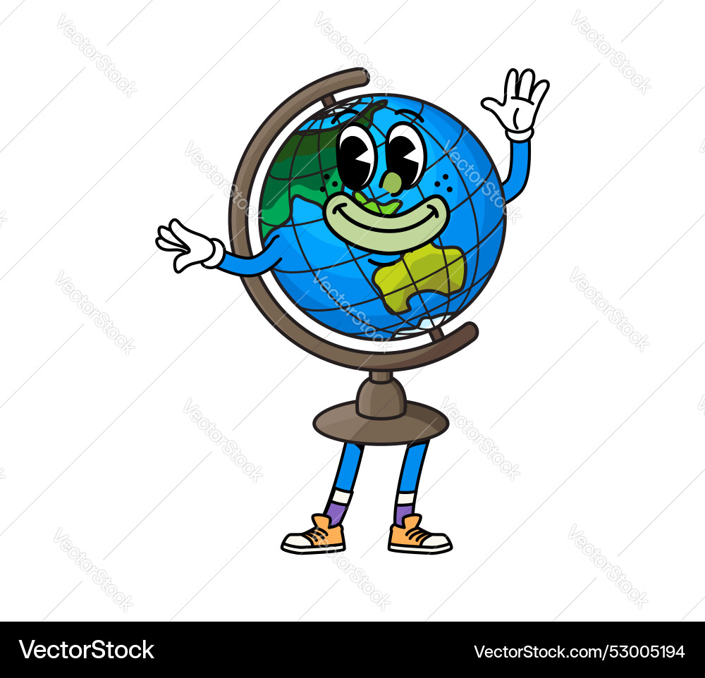 Cartoon groovy school globe character waving hand Vector Image