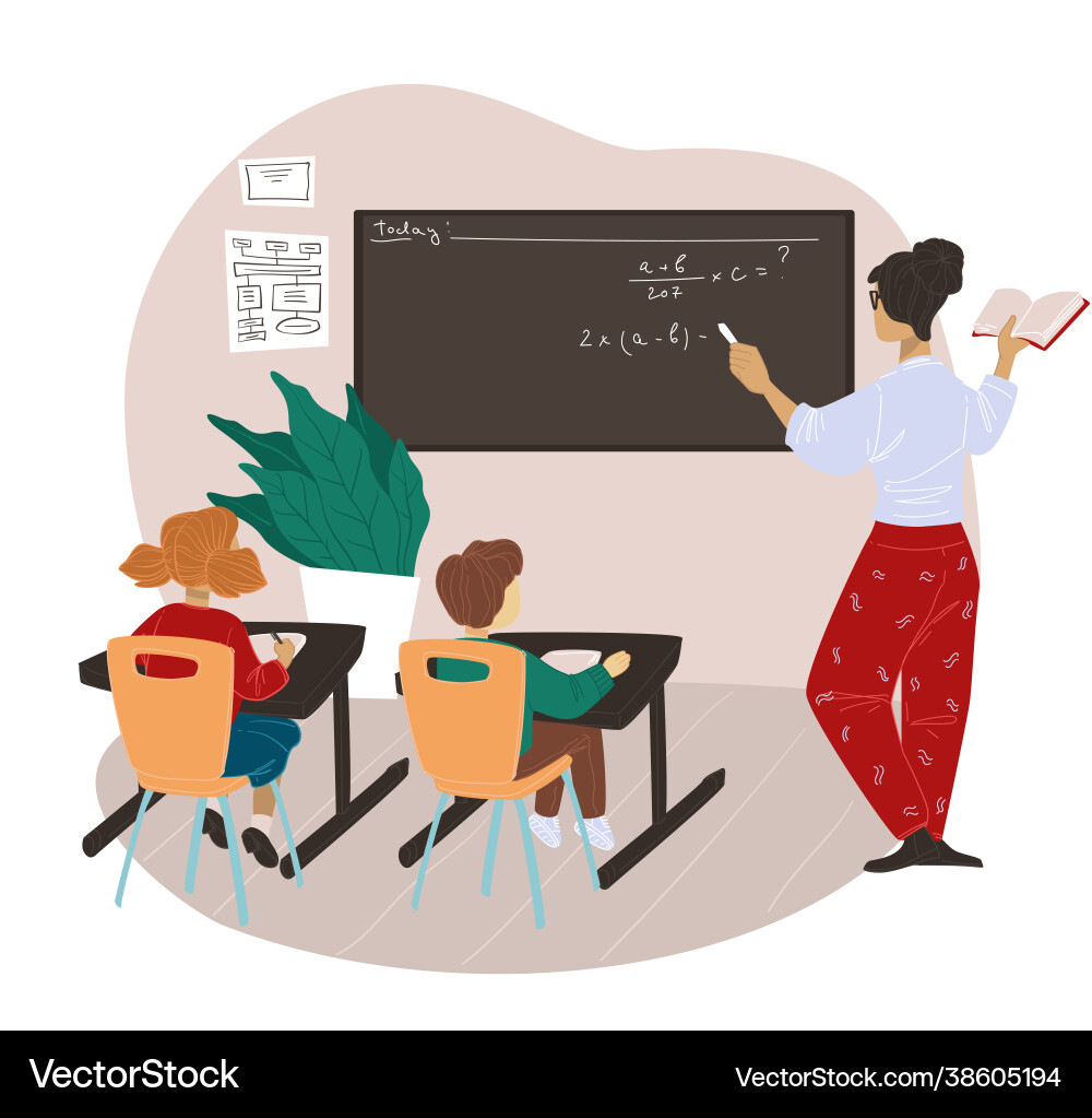 Elementary school teacher working with kids Vector Image