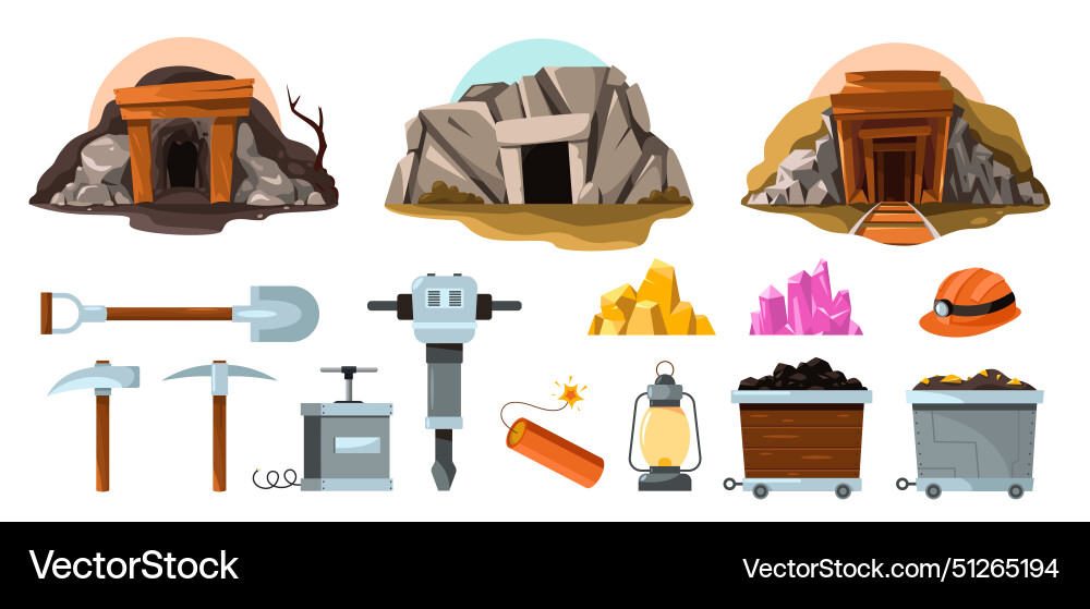 Mine tools cartoon miner worker mining cart Vector Image