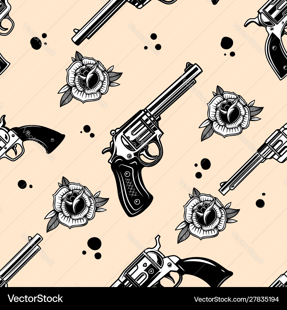 Revolvers & Roses Seamless Pattern Royalty Free Vector
