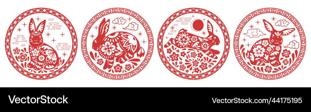 Chinese zodiac rabbits labels red rounds emblems Vector Image