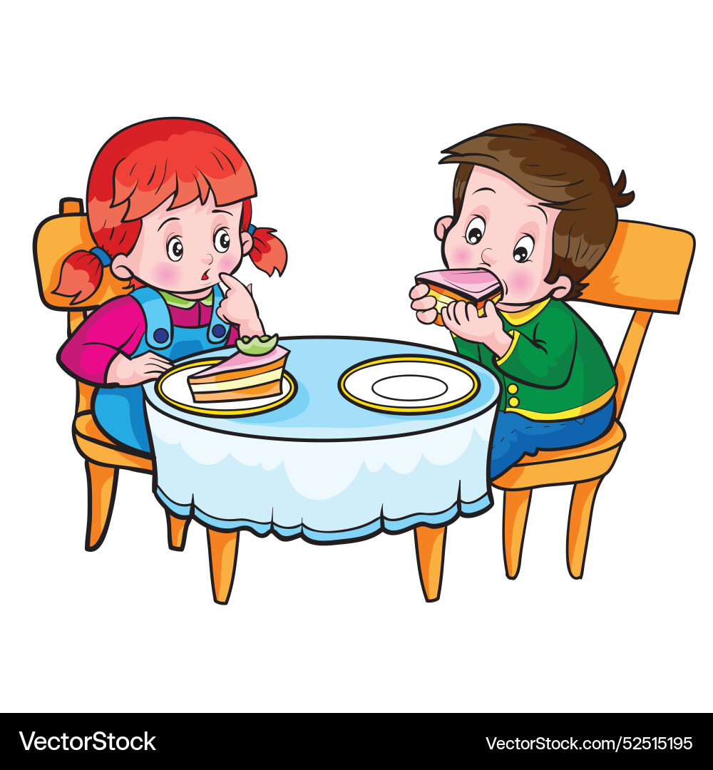 Two children are sitting at a table with blue Vector Image