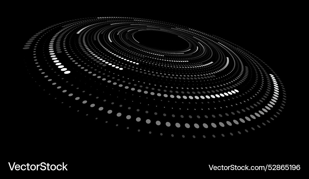 Digital spiral circles of dots on black background