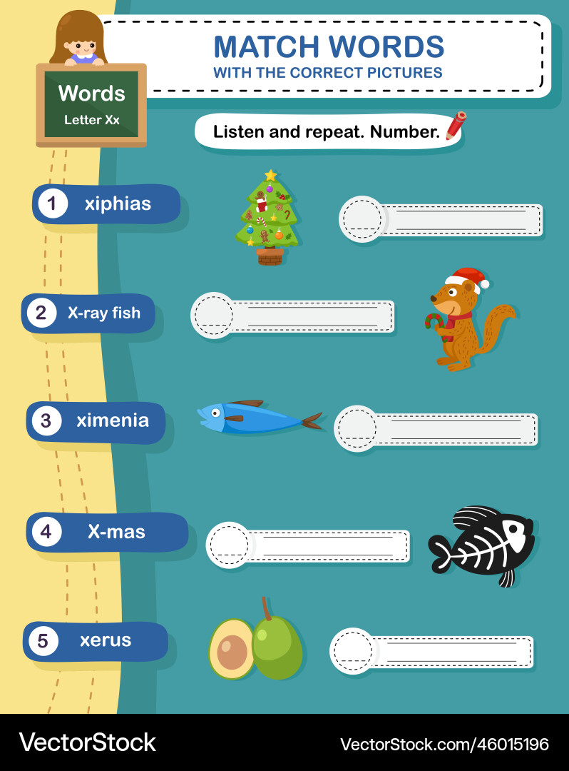 Match words with the correct pictures letter x Vector Image