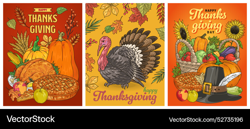 Thanksgiving day set posters colorful Royalty Free Vector