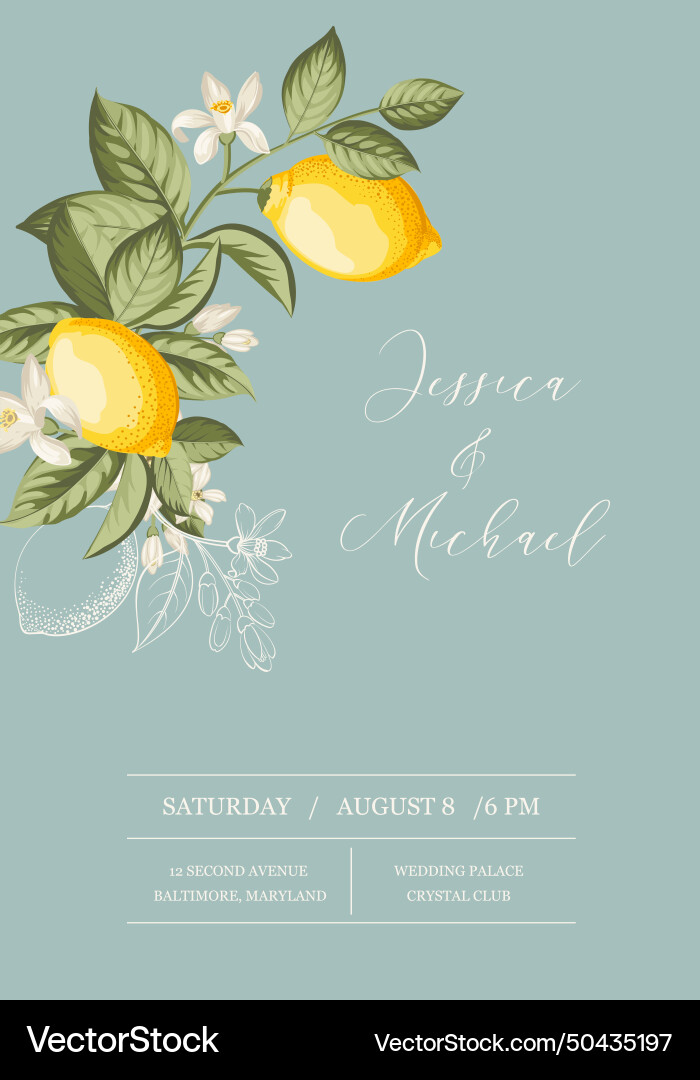Wedding invitation lemon hand-drawn Royalty Free Vector