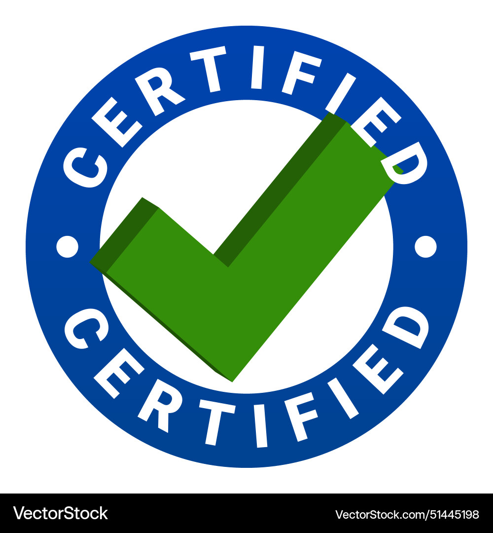 Blue certified round stamp with 3d tick icon Vector Image