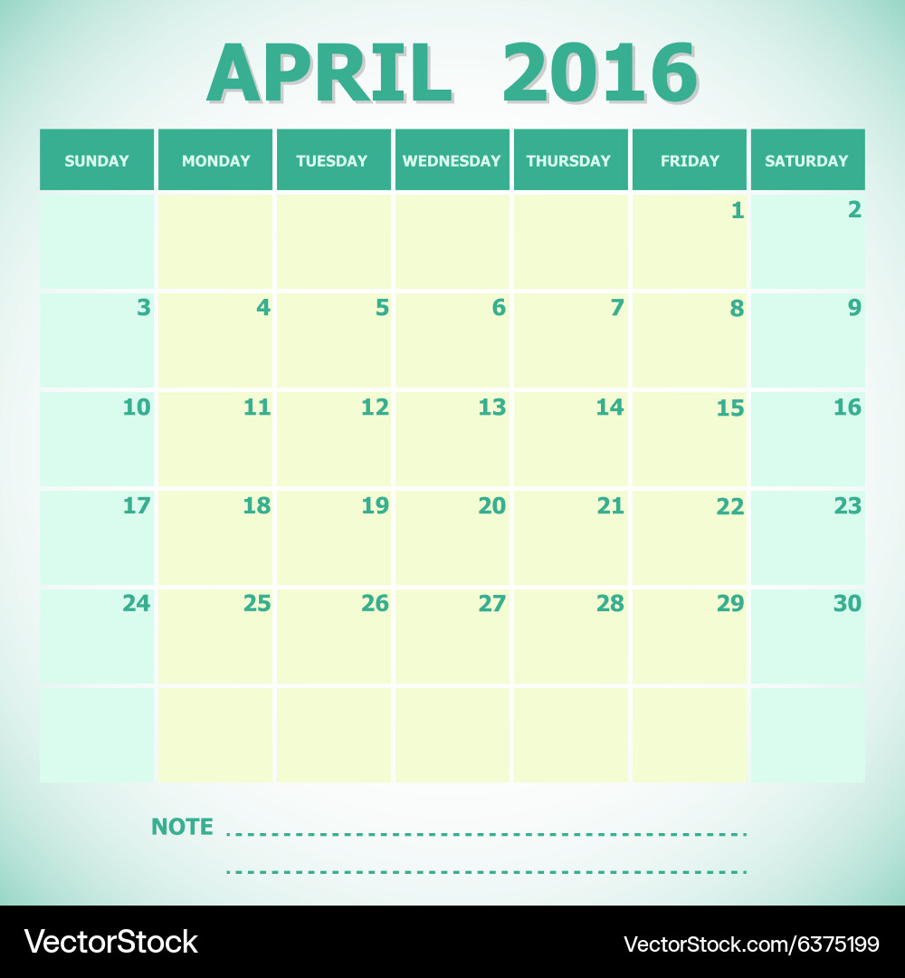 Calendar april 2016 week starts sunday Royalty Free Vector