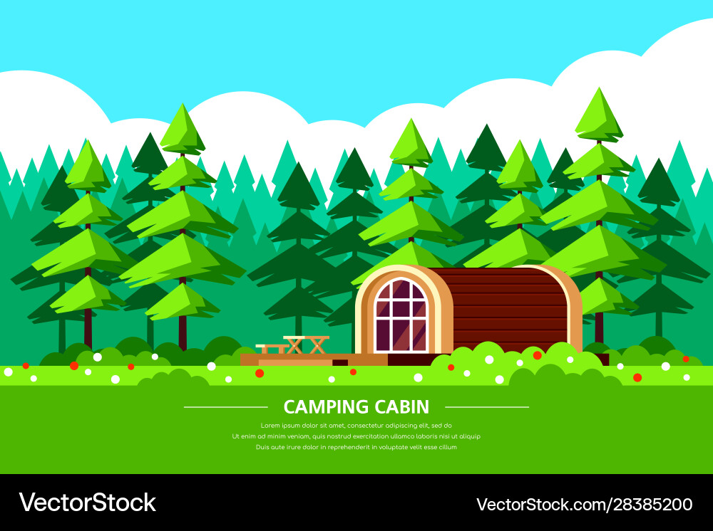 Camping cabin banner design flat style Royalty Free Vector