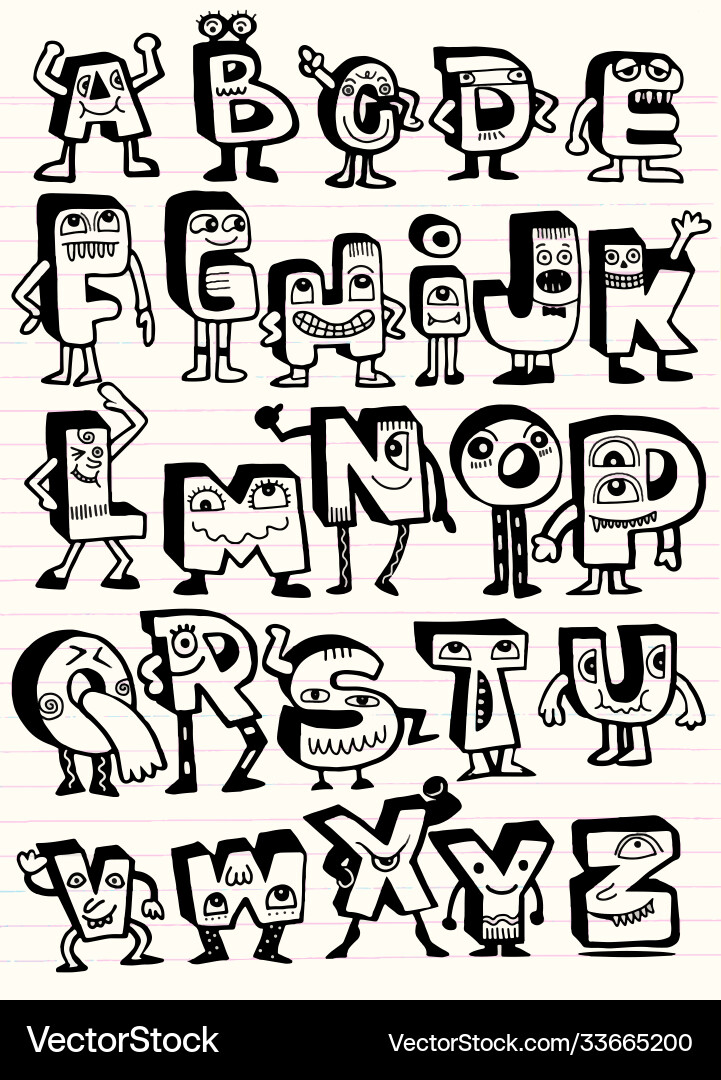 Hand drawn funny monster alphabet isolated Vector Image