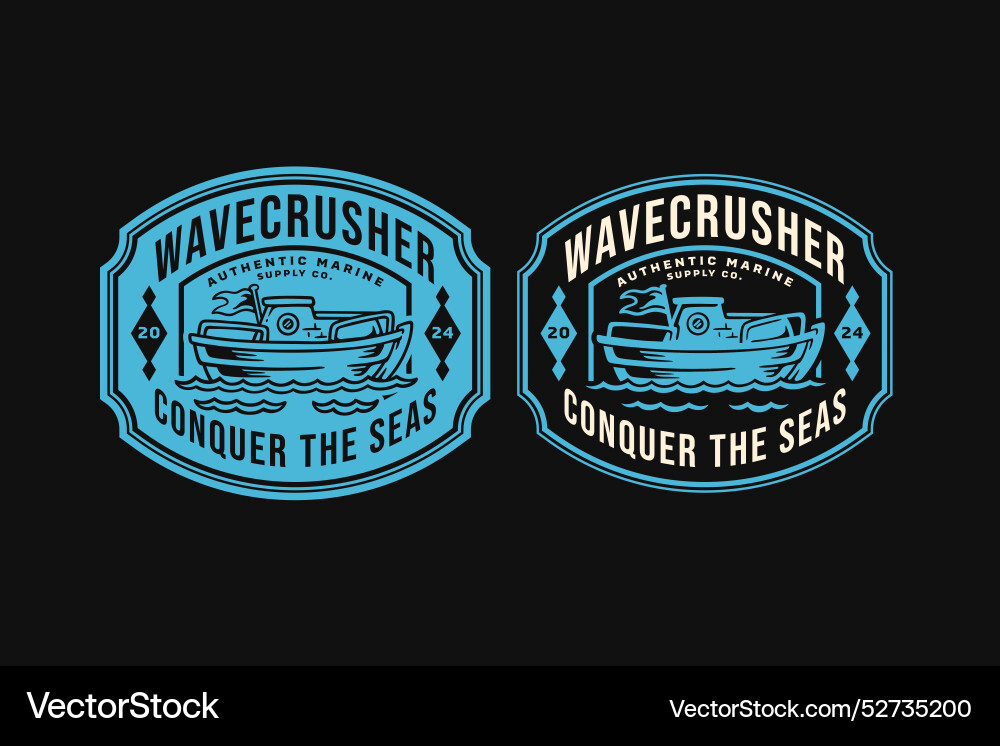 Navy ship with sea waves retro badge logo design Vector Image