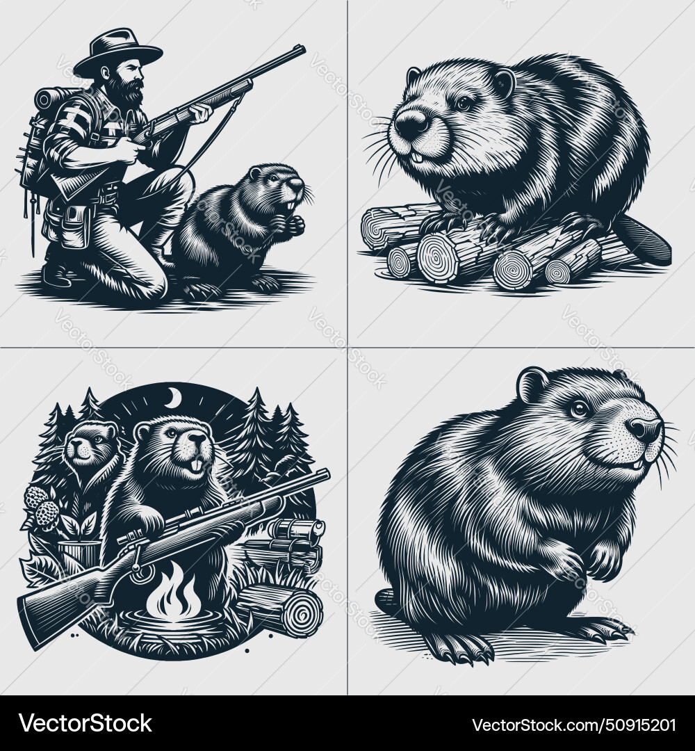Beaver hunting wild bear Royalty Free Vector Image