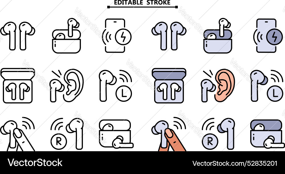 Wireless earbud color icons set editable stroke Vector Image