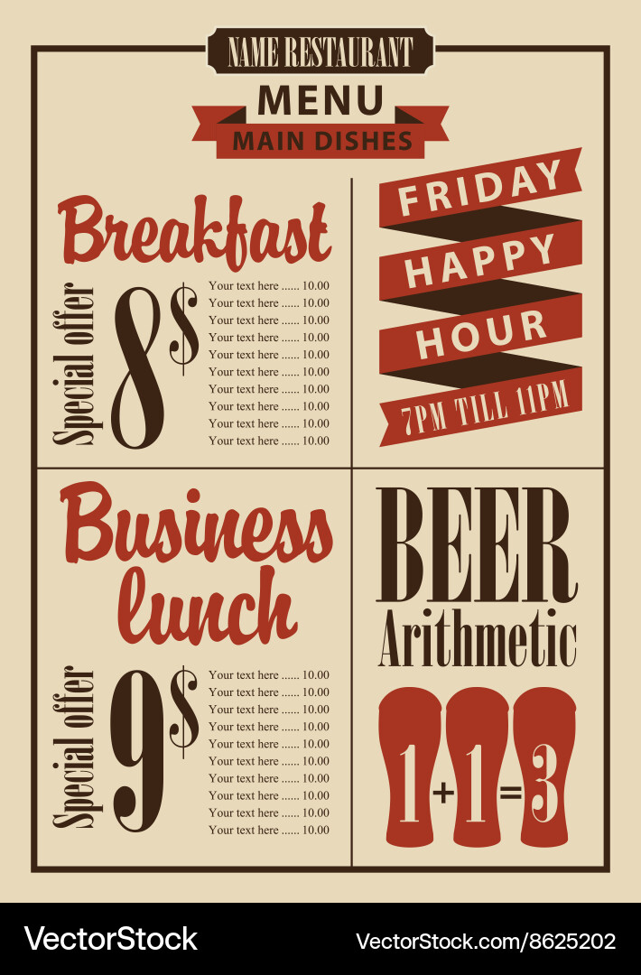 Board menu for the restaurant with prices Vector Image