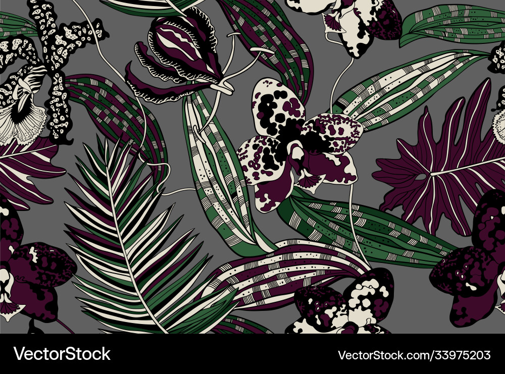 Jungle bright flowers and leaves Royalty Free Vector Image