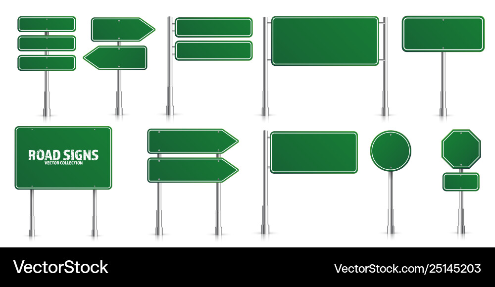 Road green traffic signs set blank board Vector Image