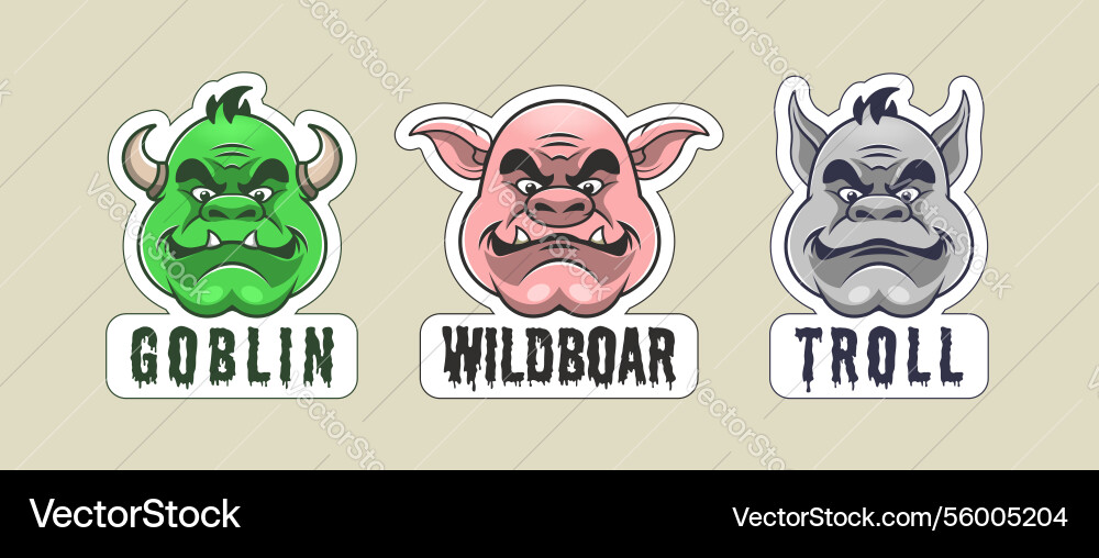 Set stickers cartoon goblin boar troll Royalty Free Vector