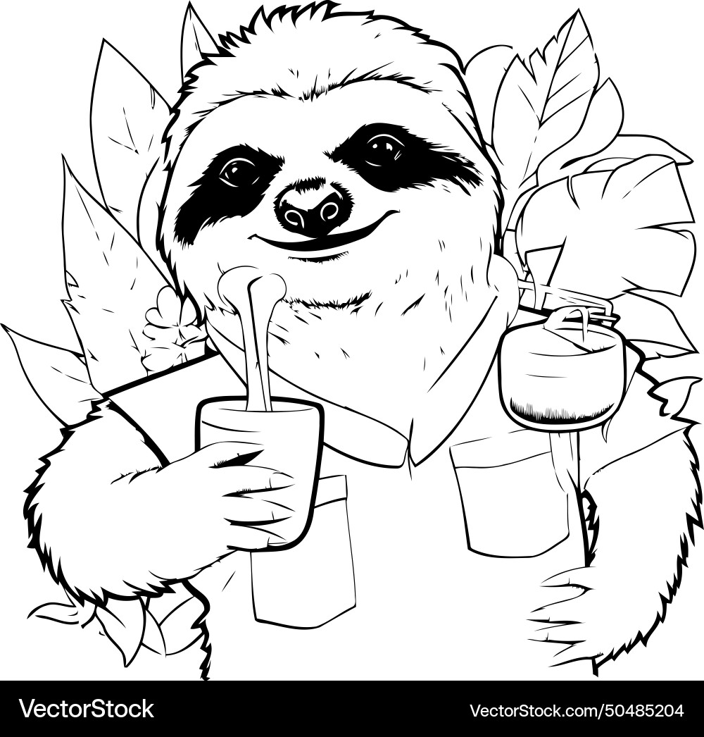 Sloth drinking a cocktail black and white Vector Image