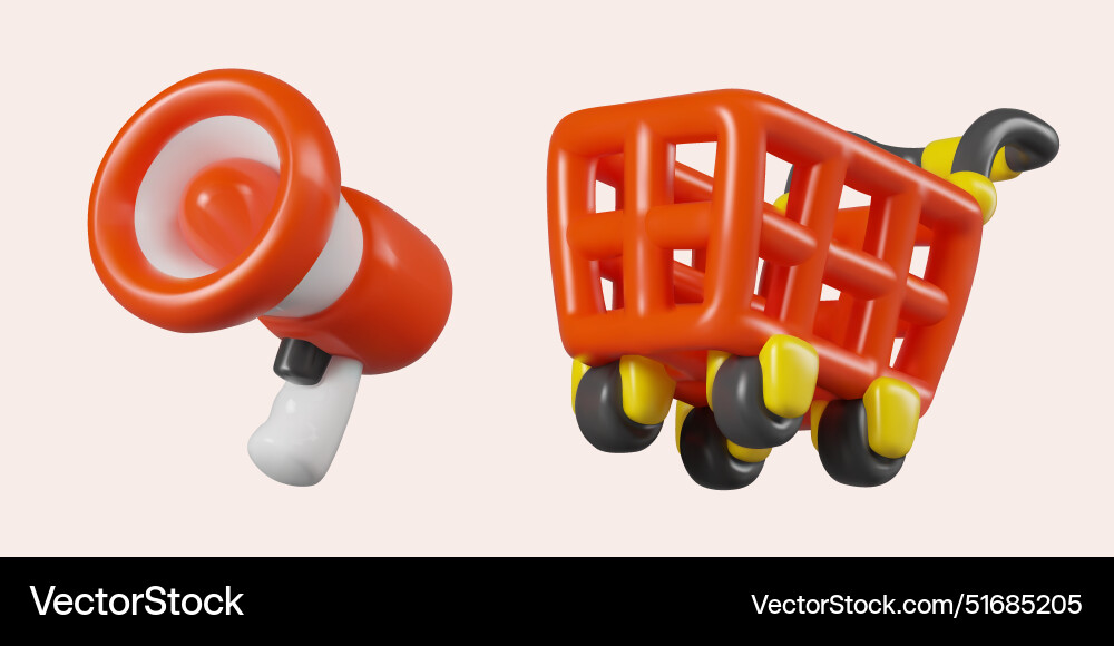 Red megaphone empty shopping cart 3d templates Vector Image