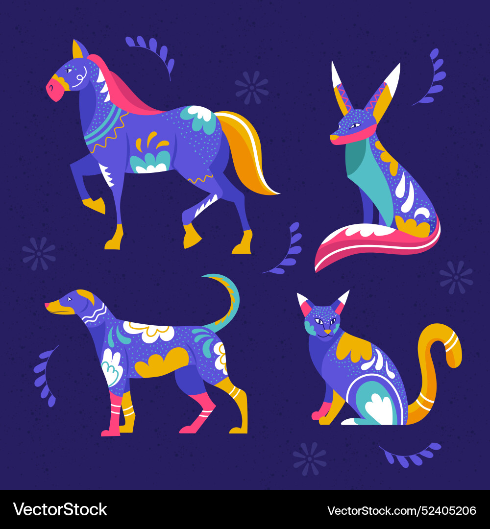 Hand drawn flat dia de muertos alebrijes Vector Image