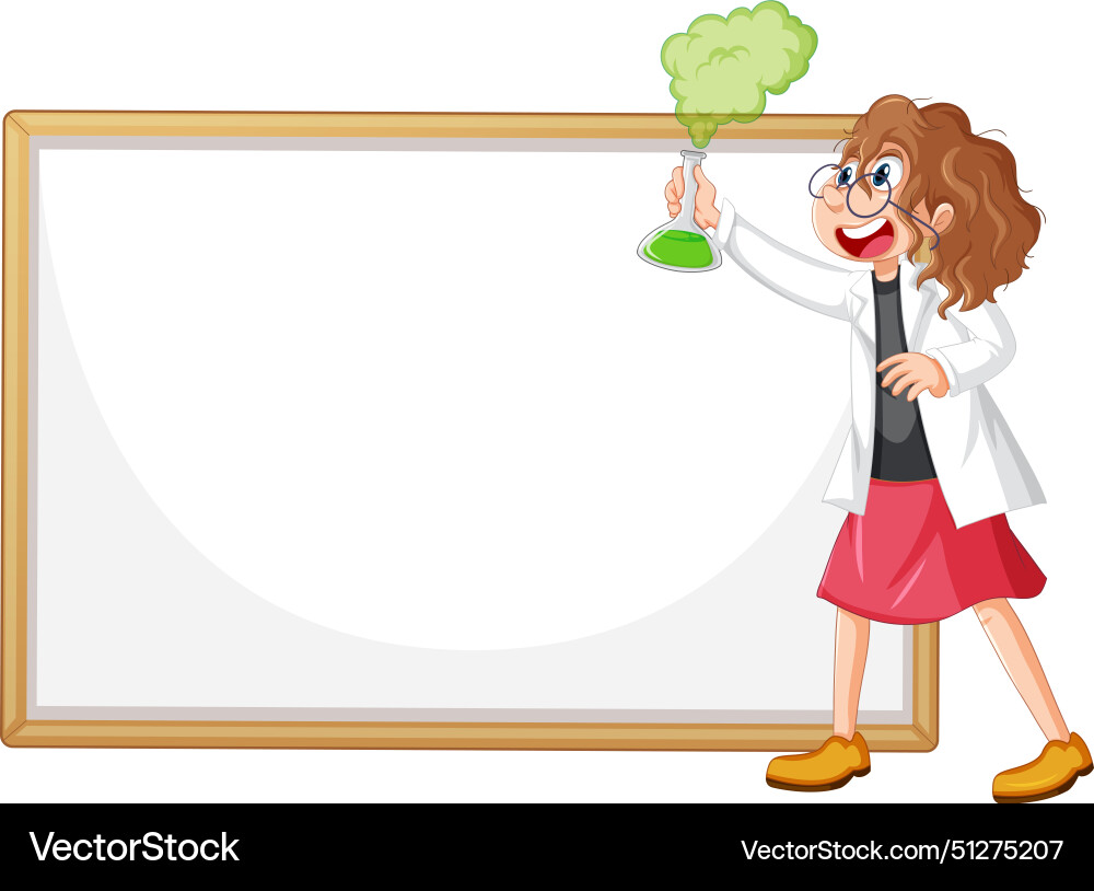 Cartoon scientist with beaker near blank board Vector Image