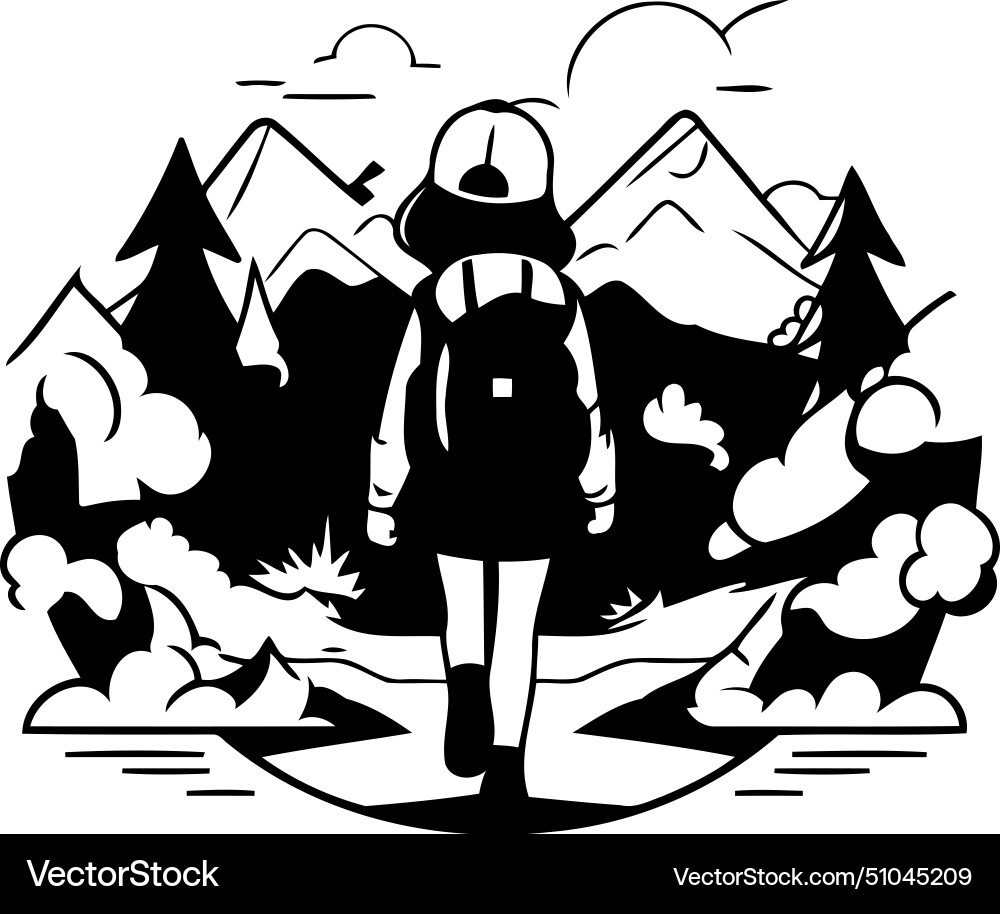 Hiker with backpack in the mountains flat style Vector Image