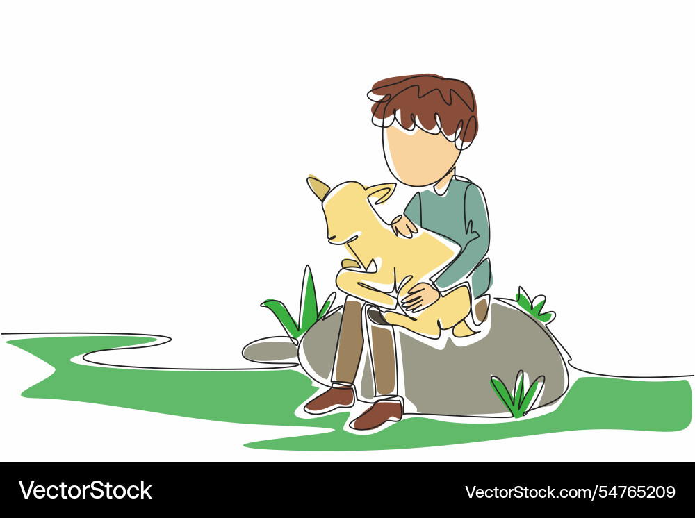 Single one line drawing boy sitting on a large Vector Image