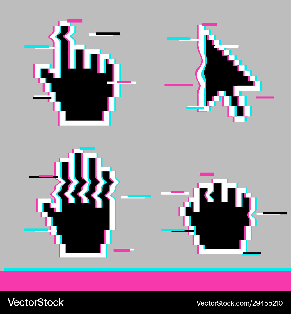 Black pixel glitch mouse hand and arrow cursor Vector Image