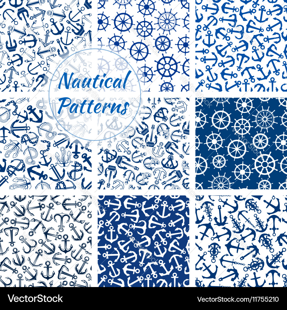 Nautical helm and anchor seamless pattern set Vector Image