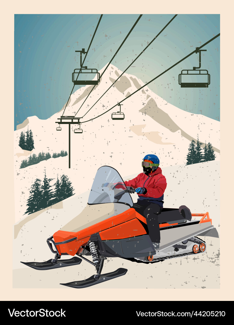 Skier rides a powerful snowmobile against Vector Image