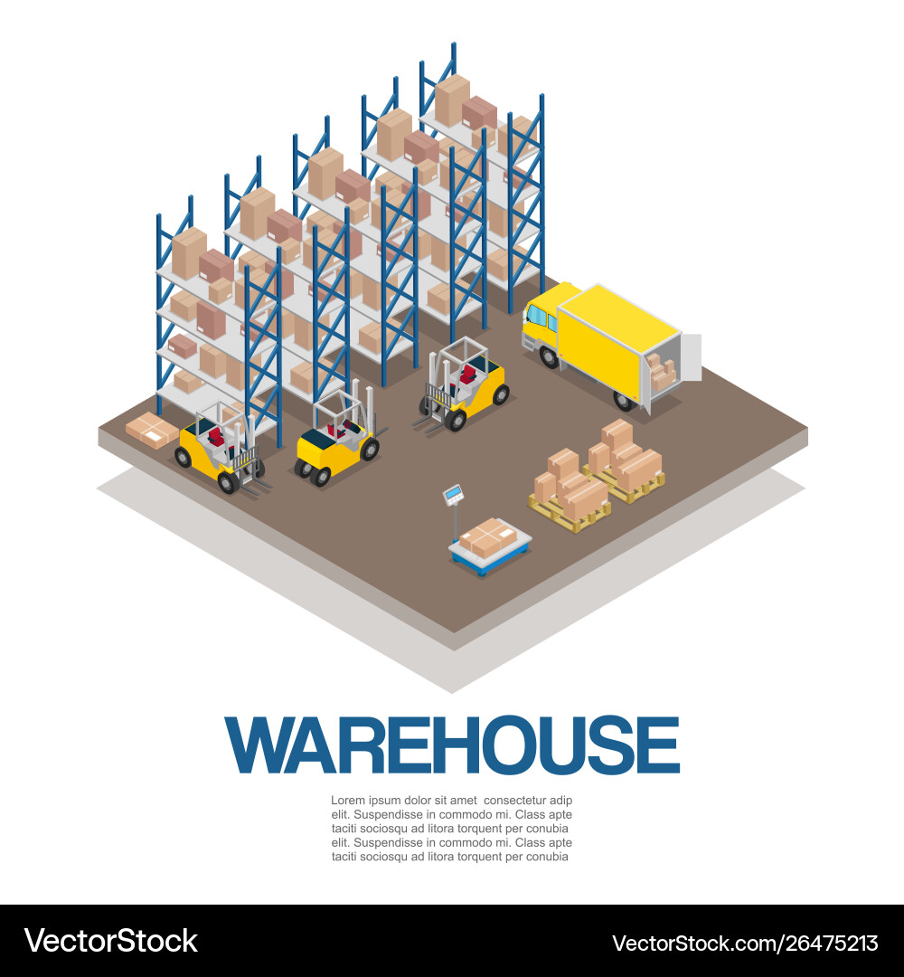 Warehouse with forklifts and truck isometric Vector Image