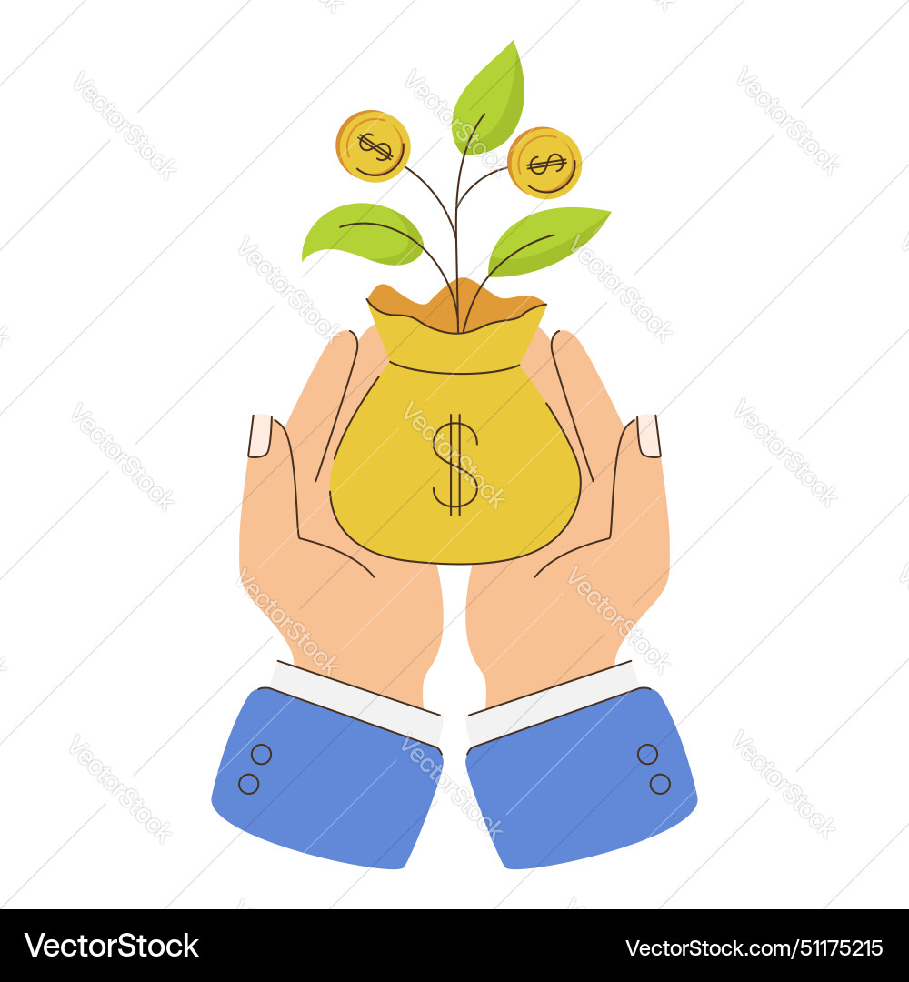 A hand is holding yellow pot with money tree Vector Image