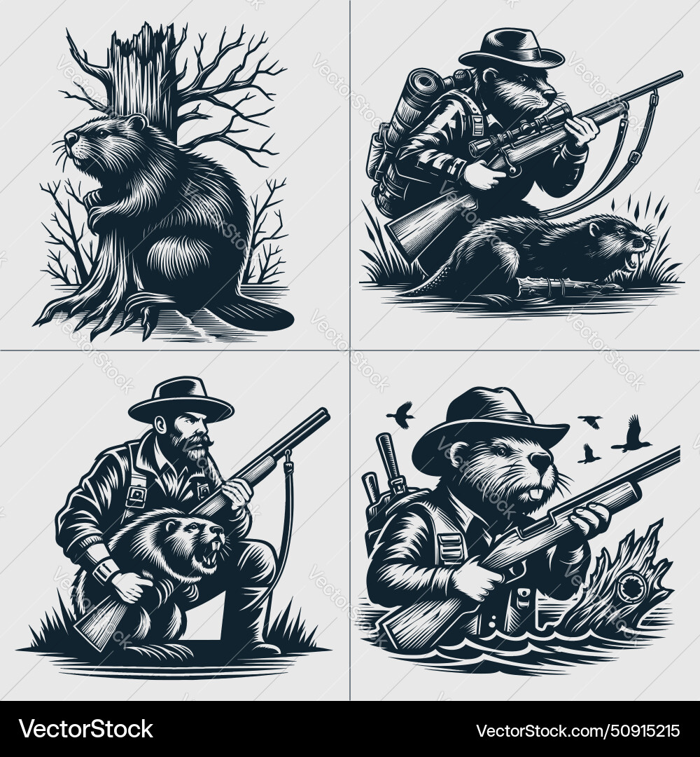 Beaver hunting wild bear Royalty Free Vector Image
