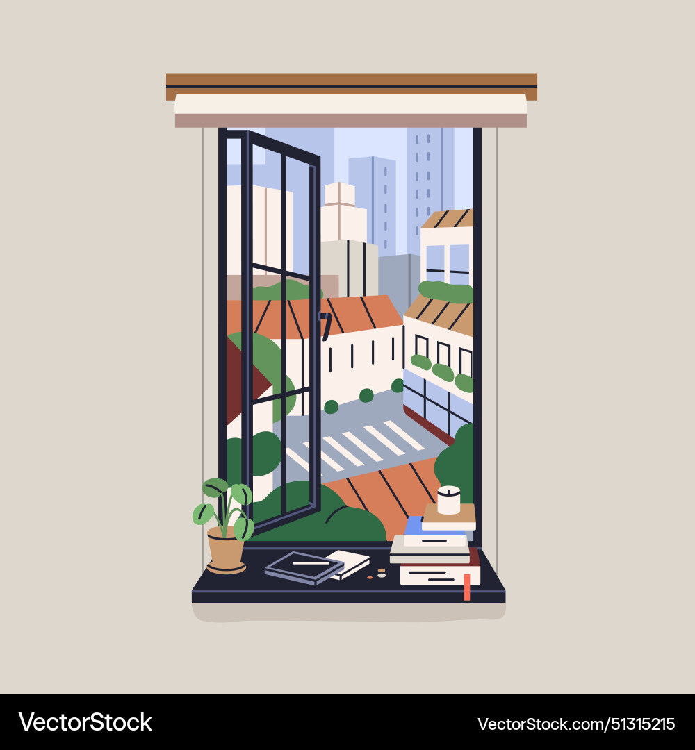 Cityscape view from open window look out on old Vector Image