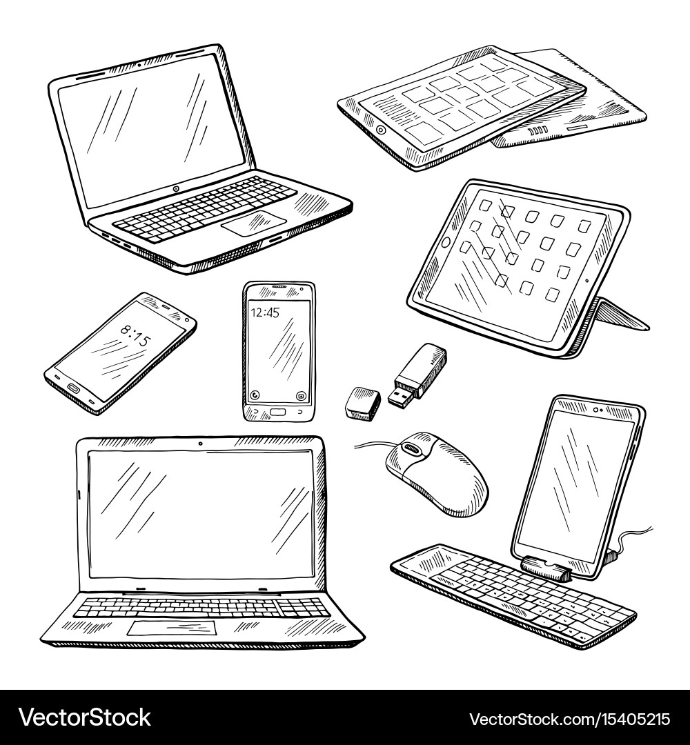 Doodle of different devices laptop Royalty Free Vector Image