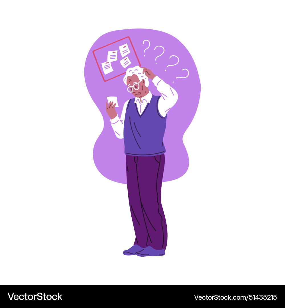 Elderly confused man reads notes and trying Vector Image