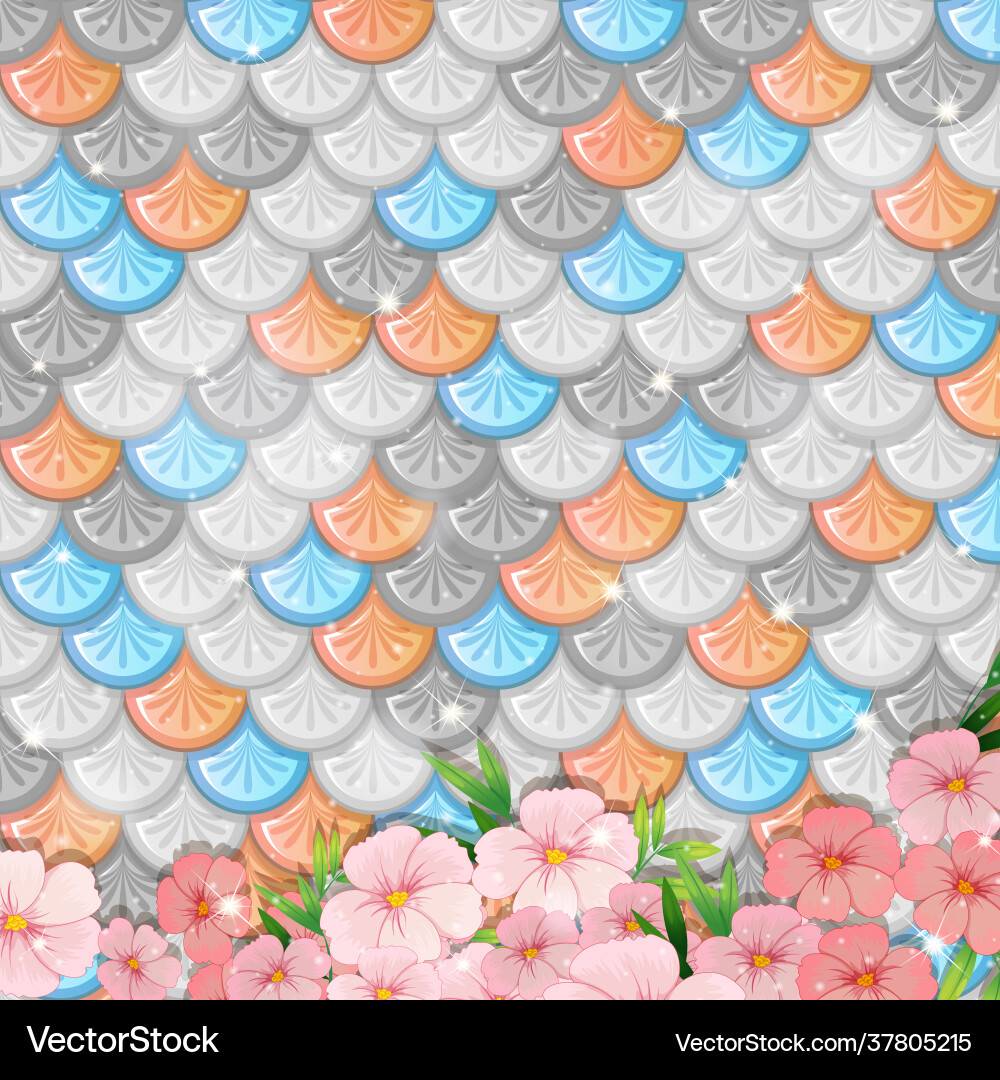 Pastel fish scales background with many flowers Vector Image