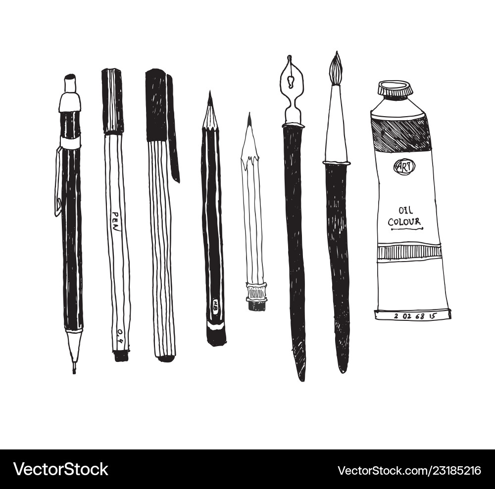 Hand drawn art tools and supplies set Royalty Free Vector